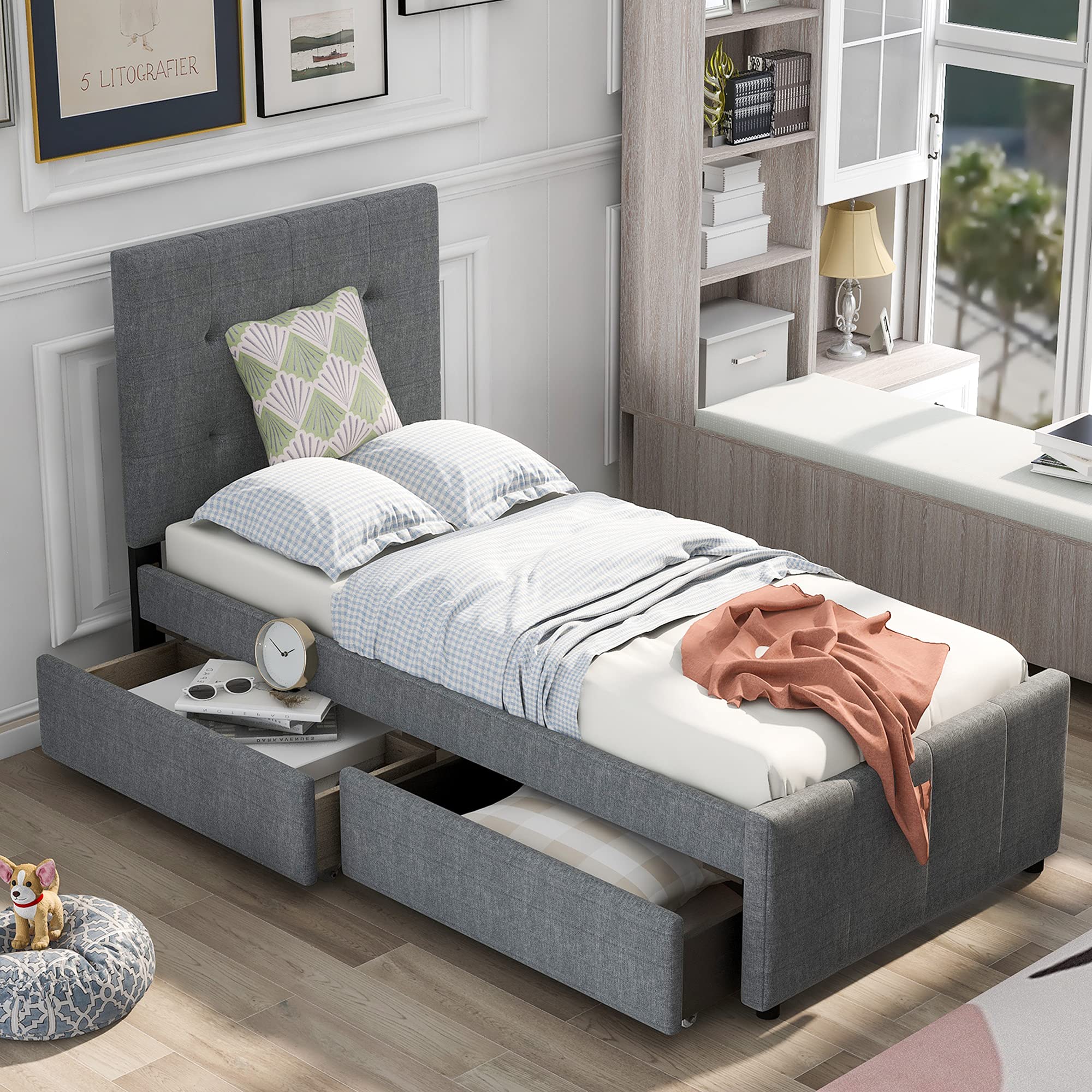 HZSSDTKJ Twin Size Linen Upholstered Platform Bed with Headboard and 2 Storage Drawers, Wooden Daybed Frame with Slat Support for Kids Teens Girls Boys Adults, No Box Spring Needed (Gray-04, Twin)