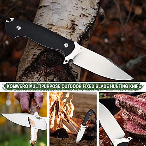 KOMWERO 10.2" Fixed Blade Hunting Camping Outdoor Knife, Sharp D2 Steel Blade Full Tang Survival Knife with Kydex Sheath Horizontal & Vertical Black G10 Handle, Cool Gifts for Men (Silver)