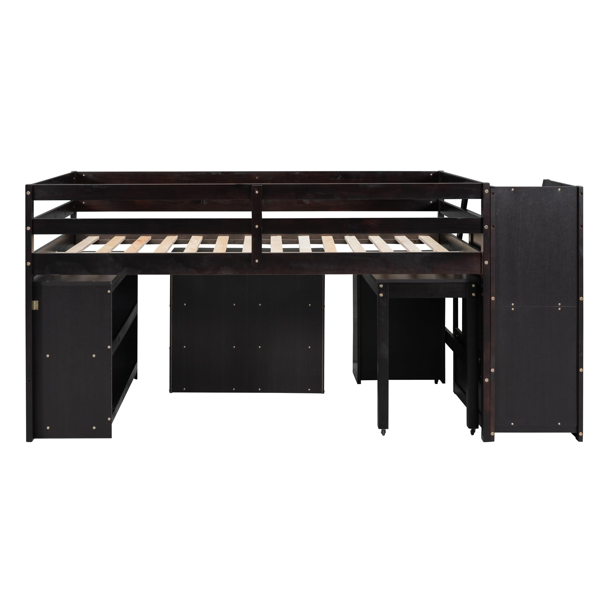 Merax Retractable Writing Desk and 3 Drawers, Wooden Loft Bed with Storage Stairs and Shelves, Espresso