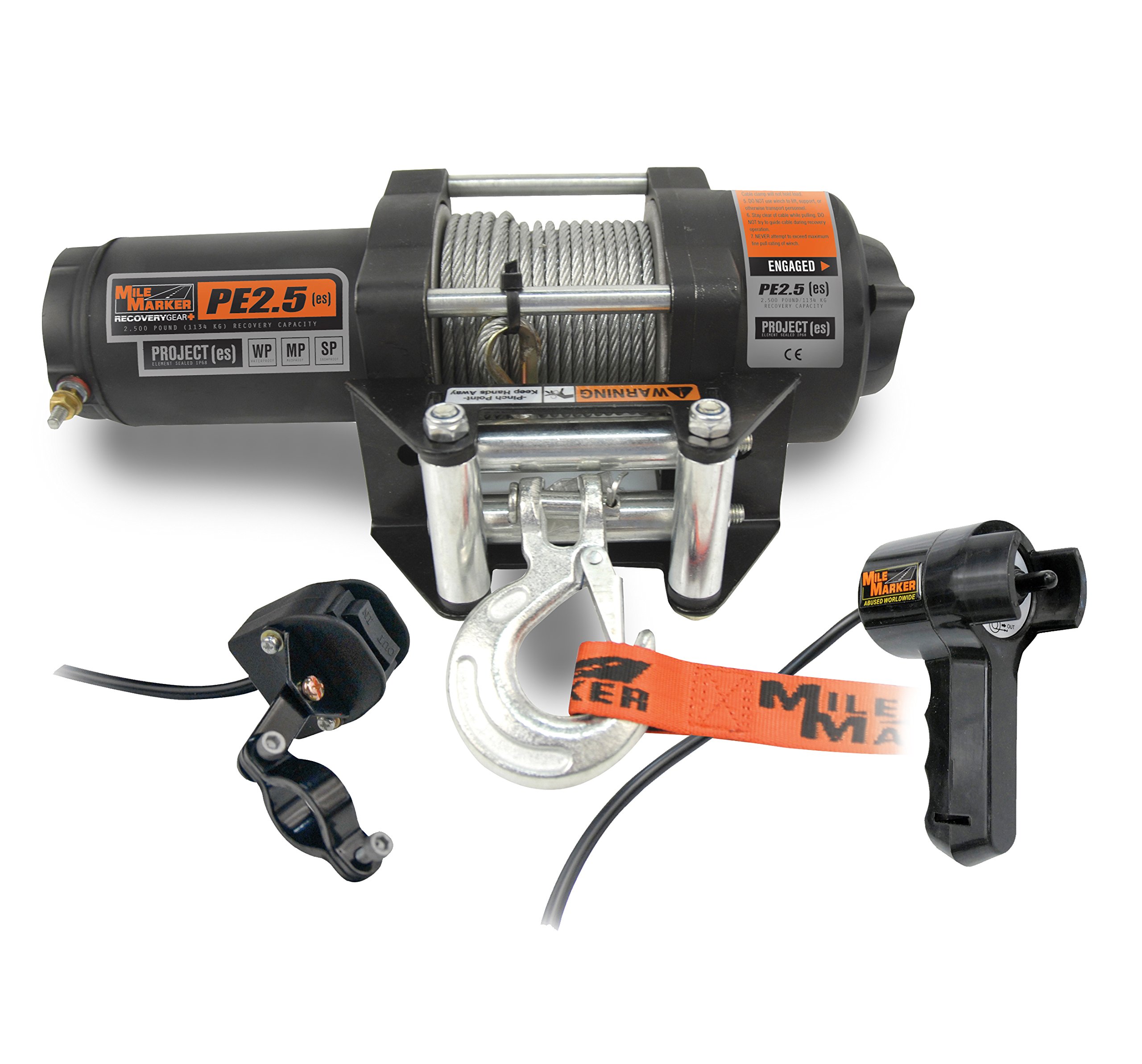 Mile Marker 77-50105BW PE2.5 ATV UTV Side by Side Electric Winch with 3/16β x 42β Steel Cable - 2500 Pound Capacity - Fully Sealed, Submersible, Water, Mud & Snow Proof