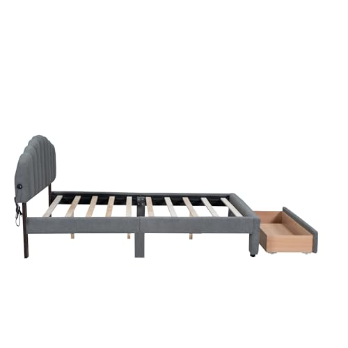 HAUSHECK Upholstered Bed Frame Queen Size with Teddy Fleece Headboard, Big Drawer, Smart LED Lights and 2 USB Ports, Modern Queen Platform Bed Frame w/Wooden Slats Support, No Box Spring Needed