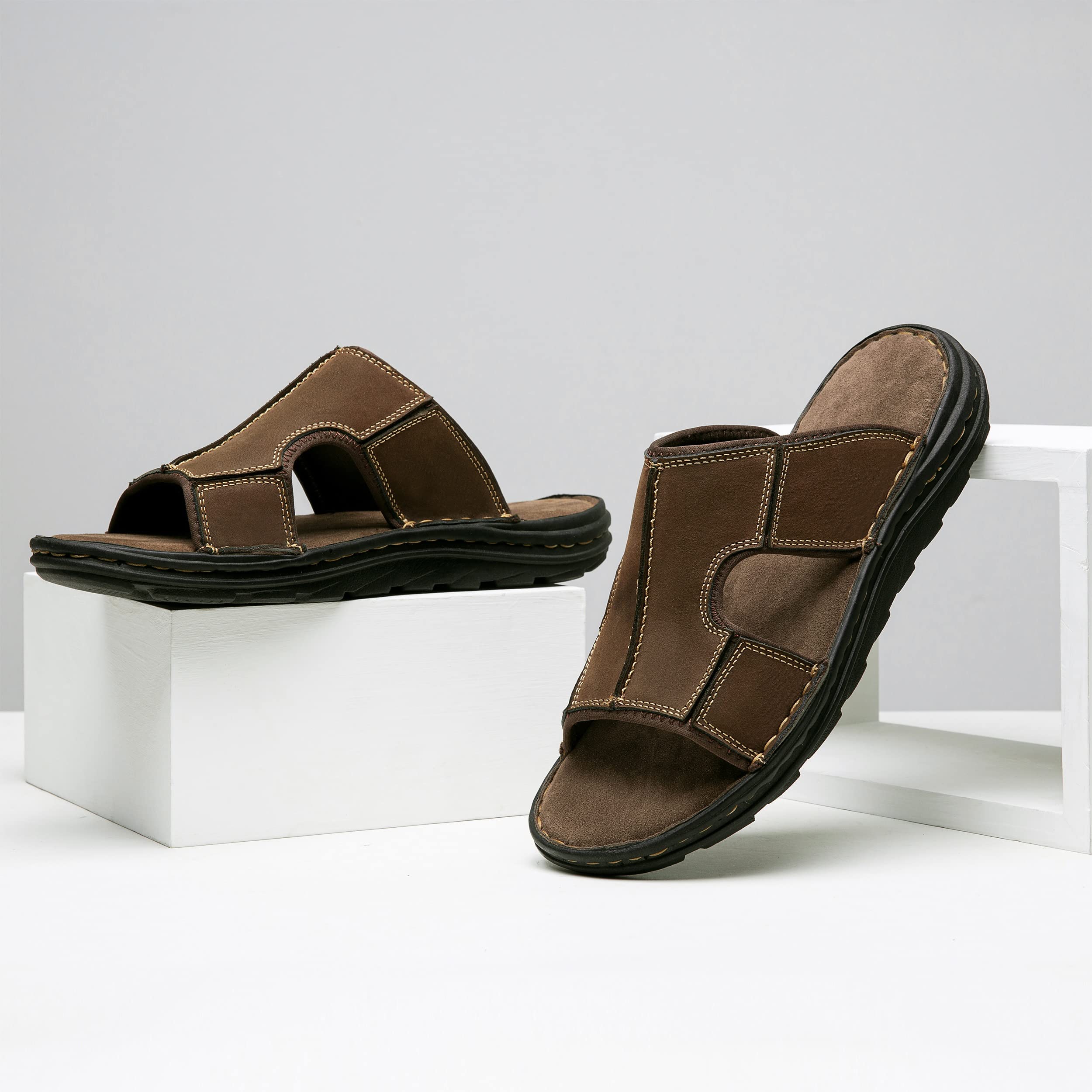 Jousen Sandals for Men Leather Slip on Mens Sandals Outdoor Men's Beach Slide Slippers(AMY2005A Dark Brown 12)