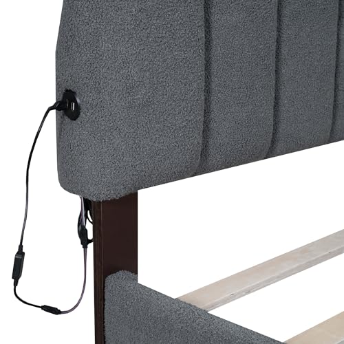HAUSHECK Upholstered Bed Frame Queen Size with Teddy Fleece Headboard, Big Drawer, Smart LED Lights and 2 USB Ports, Modern Queen Platform Bed Frame w/Wooden Slats Support, No Box Spring Needed