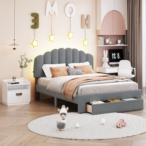 HAUSHECK Upholstered Bed Frame Queen Size with Teddy Fleece Headboard, Big Drawer, Smart LED Lights and 2 USB Ports, Modern Queen Platform Bed Frame w/Wooden Slats Support, No Box Spring Needed