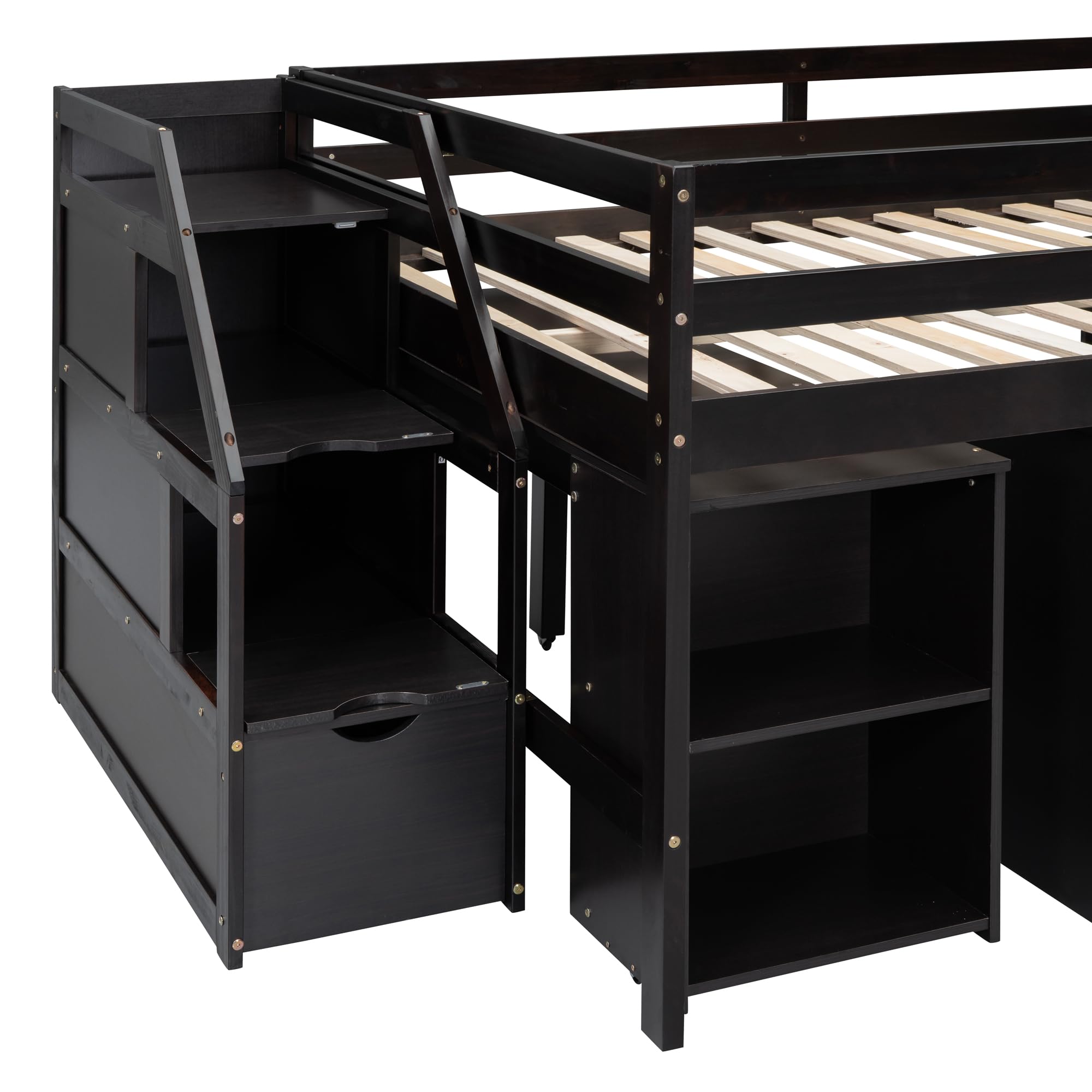Merax Retractable Writing Desk and 3 Drawers, Wooden Loft Bed with Storage Stairs and Shelves, Espresso