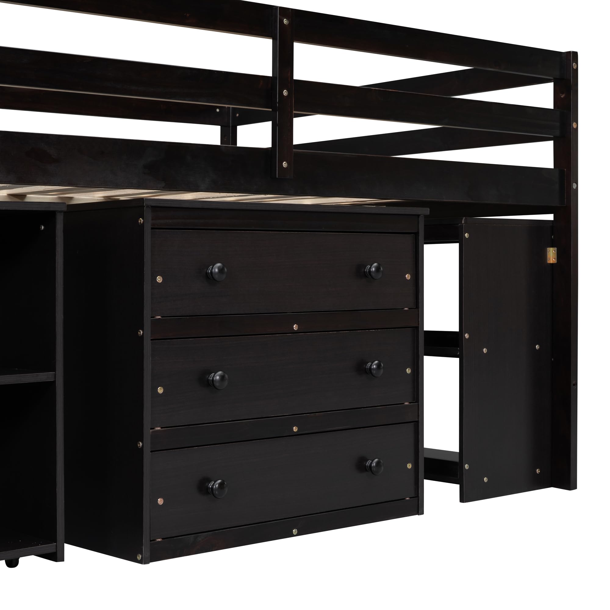 Merax Retractable Writing Desk and 3 Drawers, Wooden Loft Bed with Storage Stairs and Shelves, Espresso