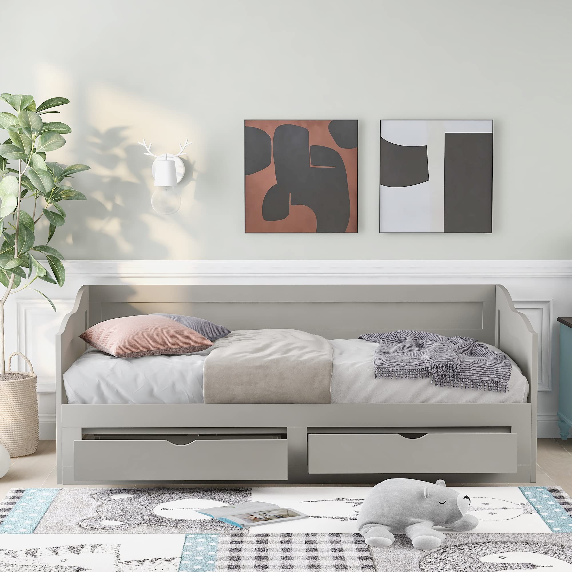 RUNWON Twin to King Size Wooden Daybed with Put-Out Trundle Bed and Storage Drawers,Versatile and Expandable Bed Frame for Kids Adults