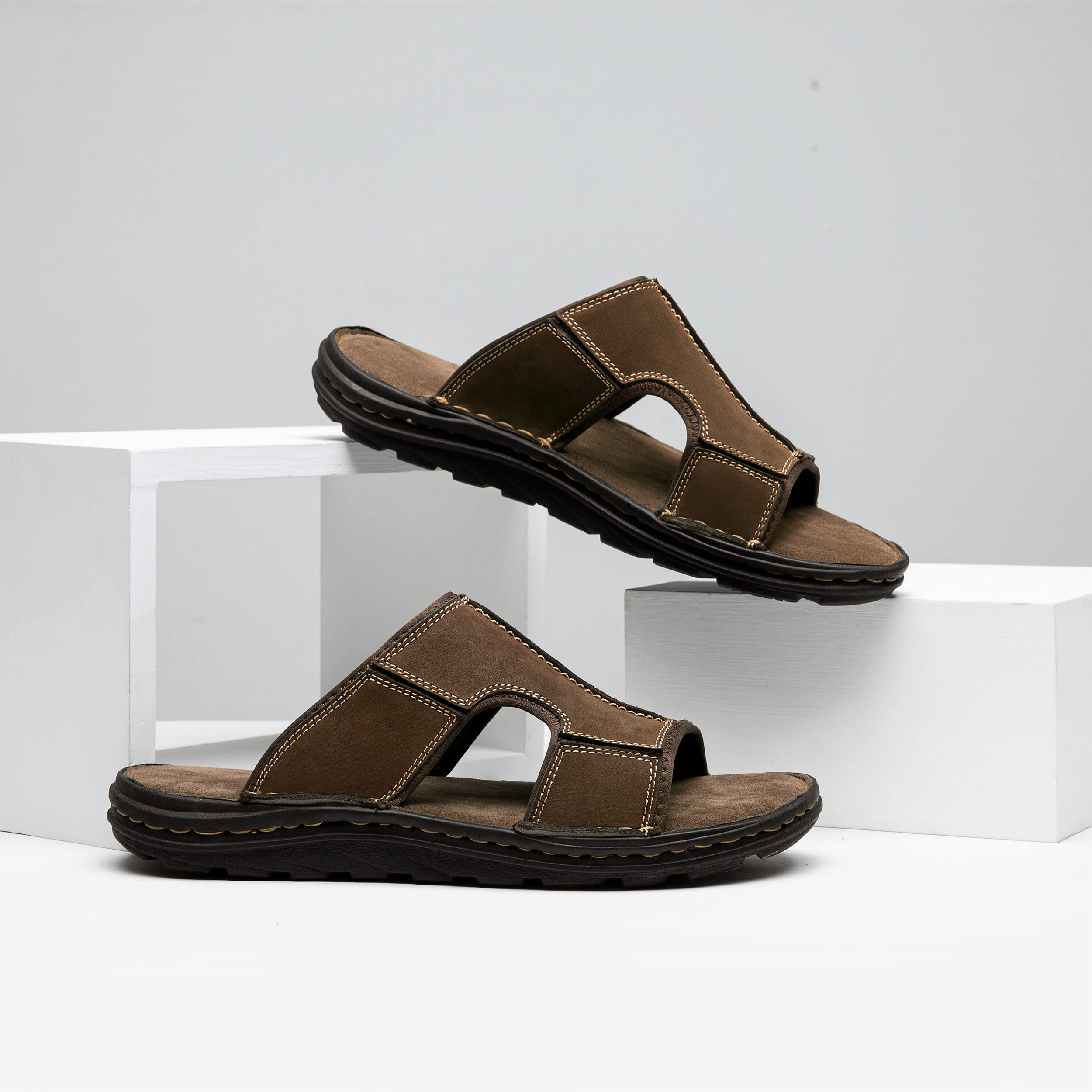 Jousen Sandals for Men Leather Slip on Mens Sandals Outdoor Men's Beach Slide Slippers(AMY2005A Dark Brown 12)