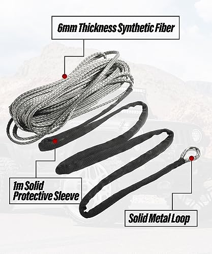 ESEWALAS 1/4''x50ft Synthetic Winch Rope,10,000LBs Synthetic Winch Line Cable Rope,Winch Cable Line with Forged Winch Hook and Black Protecing Sleeve,Car Tow Recovery Cable Winch Accessory (Gray)
