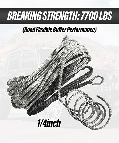 ESEWALAS 1/4''x50ft Synthetic Winch Rope,10,000LBs Synthetic Winch Line Cable Rope,Winch Cable Line with Forged Winch Hook and Black Protecing Sleeve,Car Tow Recovery Cable Winch Accessory (Gray)