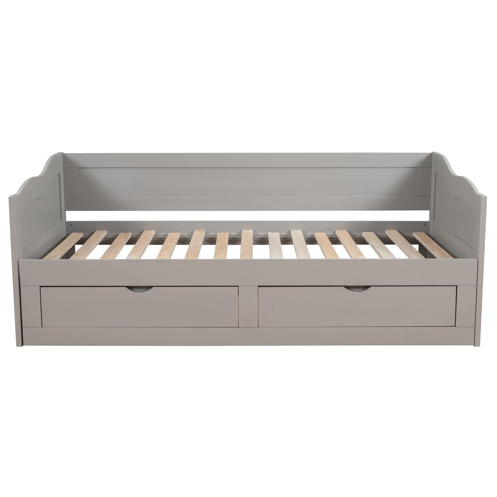 RUNWON Twin to King Size Wooden Daybed with Put-Out Trundle Bed and Storage Drawers,Versatile and Expandable Bed Frame for Kids Adults