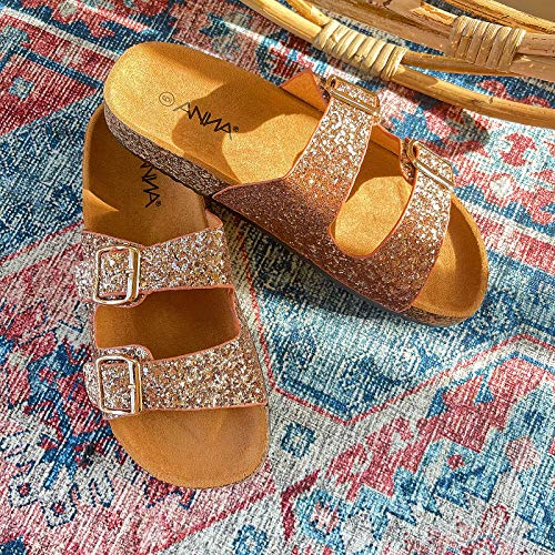 ANNA Glory Women's Slide Sandals Cork Footbed Double Buckle Rose Gold Glitter 7.5