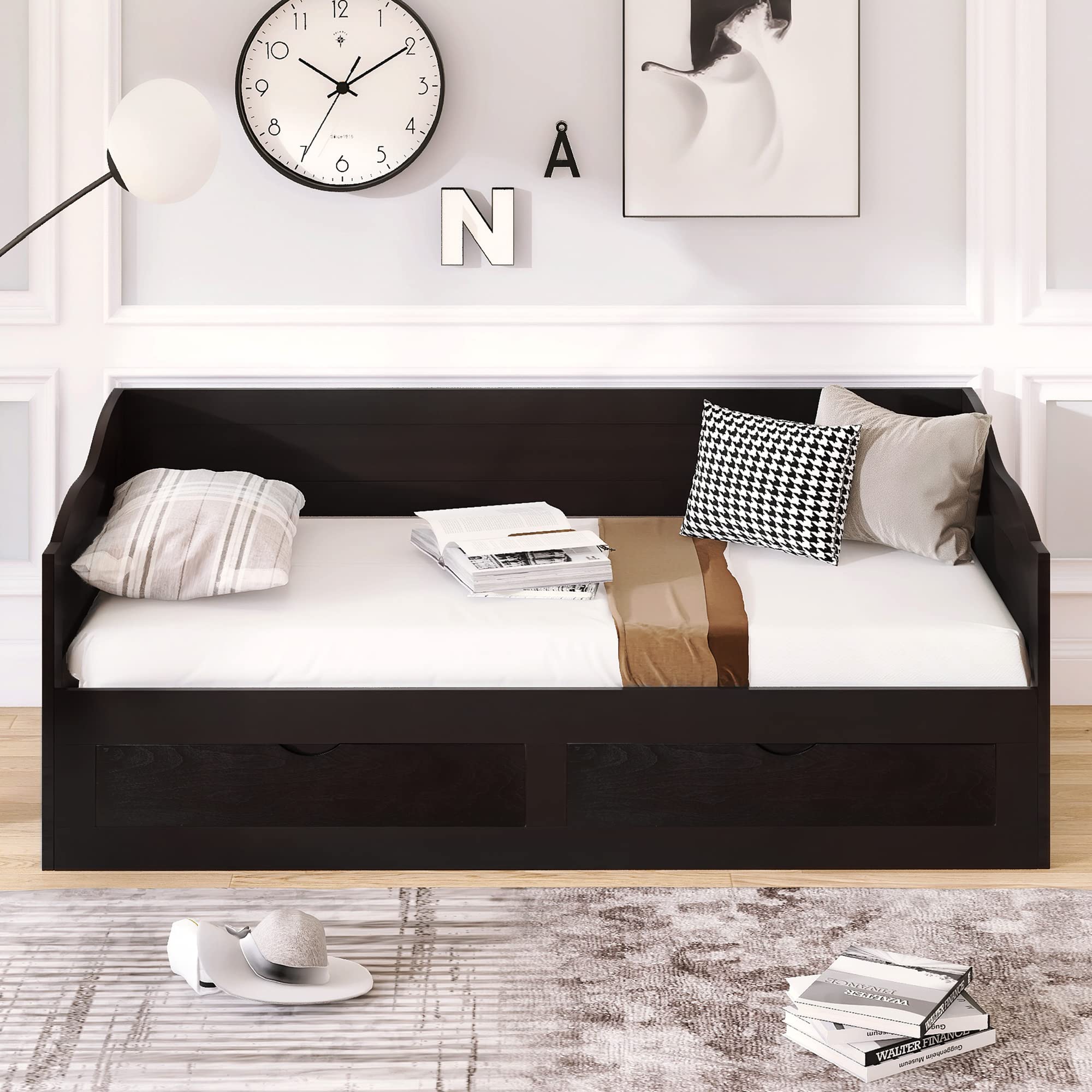 RUNWON Twin to King Size Wooden Daybed with Put-Out Trundle Bed and Storage Drawers,Versatile and Expandable Bed Frame for Kids Adults