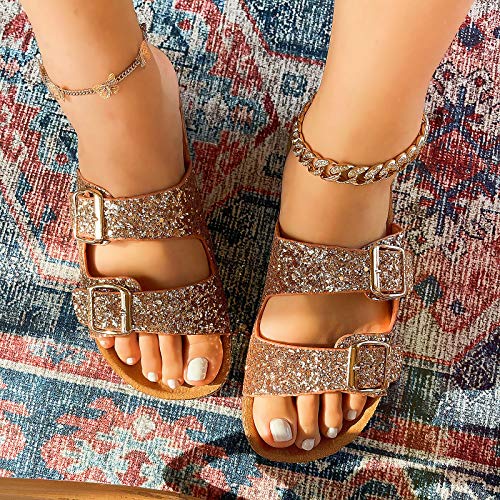 ANNA Glory Women's Slide Sandals Cork Footbed Double Buckle Rose Gold Glitter 7.5
