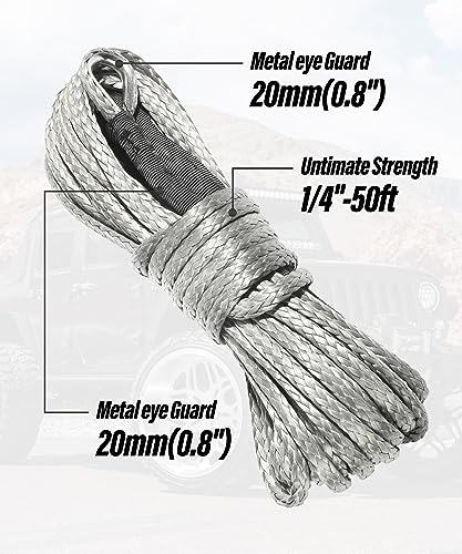 ESEWALAS 1/4''x50ft Synthetic Winch Rope,10,000LBs Synthetic Winch Line Cable Rope,Winch Cable Line with Forged Winch Hook and Black Protecing Sleeve,Car Tow Recovery Cable Winch Accessory (Gray)