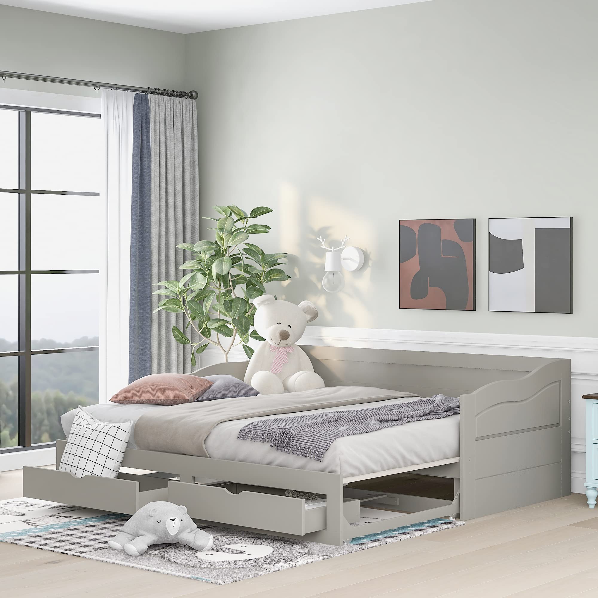 RUNWON Twin to King Size Wooden Daybed with Put-Out Trundle Bed and Storage Drawers,Versatile and Expandable Bed Frame for Kids Adults