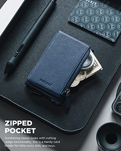 VULKIT Credit Card Holder with Leather Zipper Pocket Pop up wallet RFID Blocking Slim Metal Card Case for Men or Women(Navy)