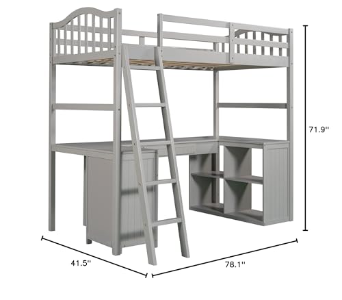 MegaChunk Twin Size Loft Bed with Drawers, Cabinet, Shelves and Desk, Wooden Loft Bed with Desk - Gray