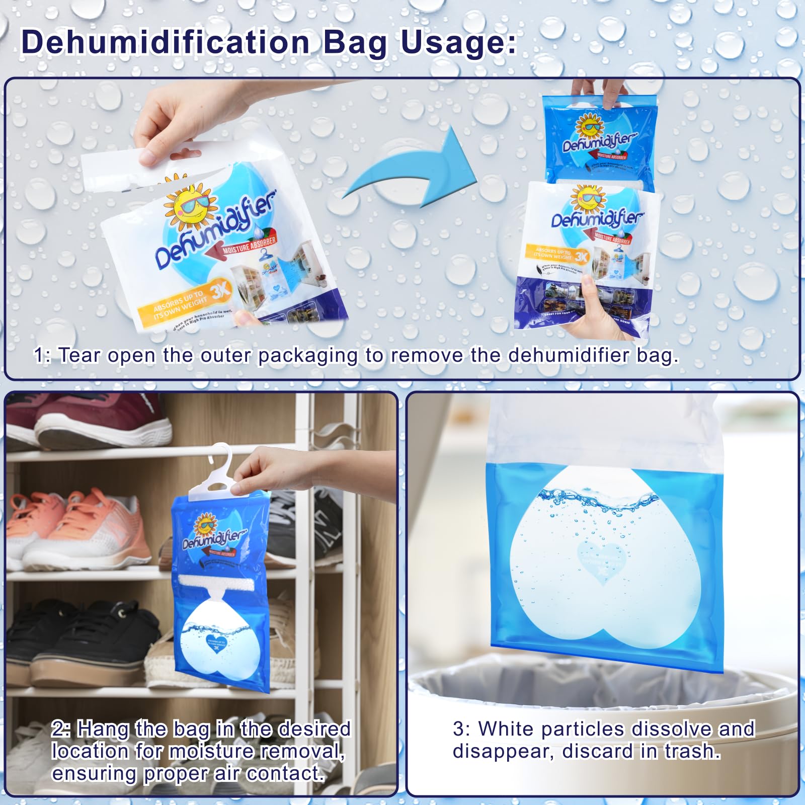 Argendon Hanging Dehumidifier Bags, Efficient Dehumidifier Bags for Shoe Cabinet, Space-Saving Hanging Design, Simple to Use, 2 Pack