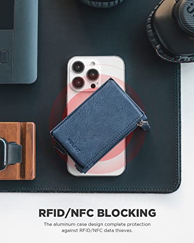 VULKIT Credit Card Holder with Leather Zipper Pocket Pop up wallet RFID Blocking Slim Metal Card Case for Men or Women(Navy)