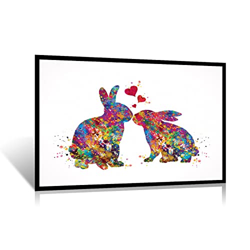 nursery wall artRabbit Kissing Watercolor Print Nursery Decor for Her Love Gift for Couple Family Wall Decor Wedding Gift Valentines Day Wall Hanging 8''X12''Framed Modern Canvas Wall Art