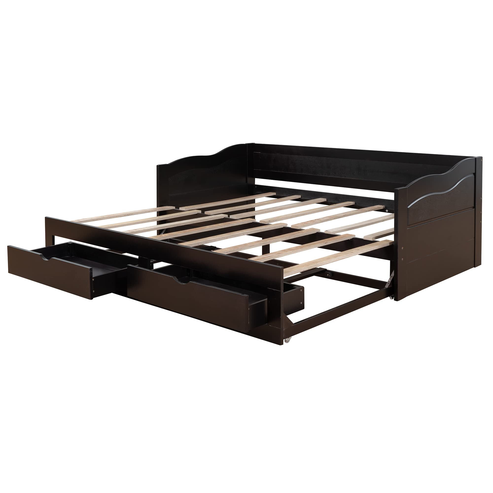 RUNWON Twin to King Size Wooden Daybed with Put-Out Trundle Bed and Storage Drawers,Versatile and Expandable Bed Frame for Kids Adults