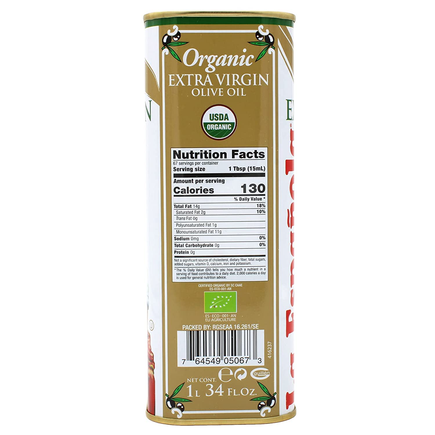 Spanish Organic Extra Virgin Olive Oil First Cold Pressed One Tin Can 33.8 Fl.Oz. (1L) Product of Spain