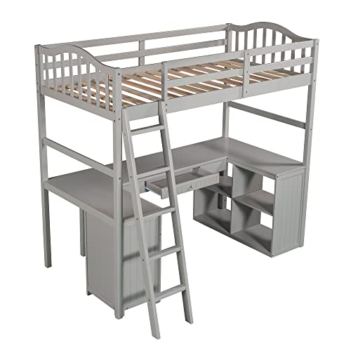 MegaChunk Twin Size Loft Bed with Drawers, Cabinet, Shelves and Desk, Wooden Loft Bed with Desk - Gray