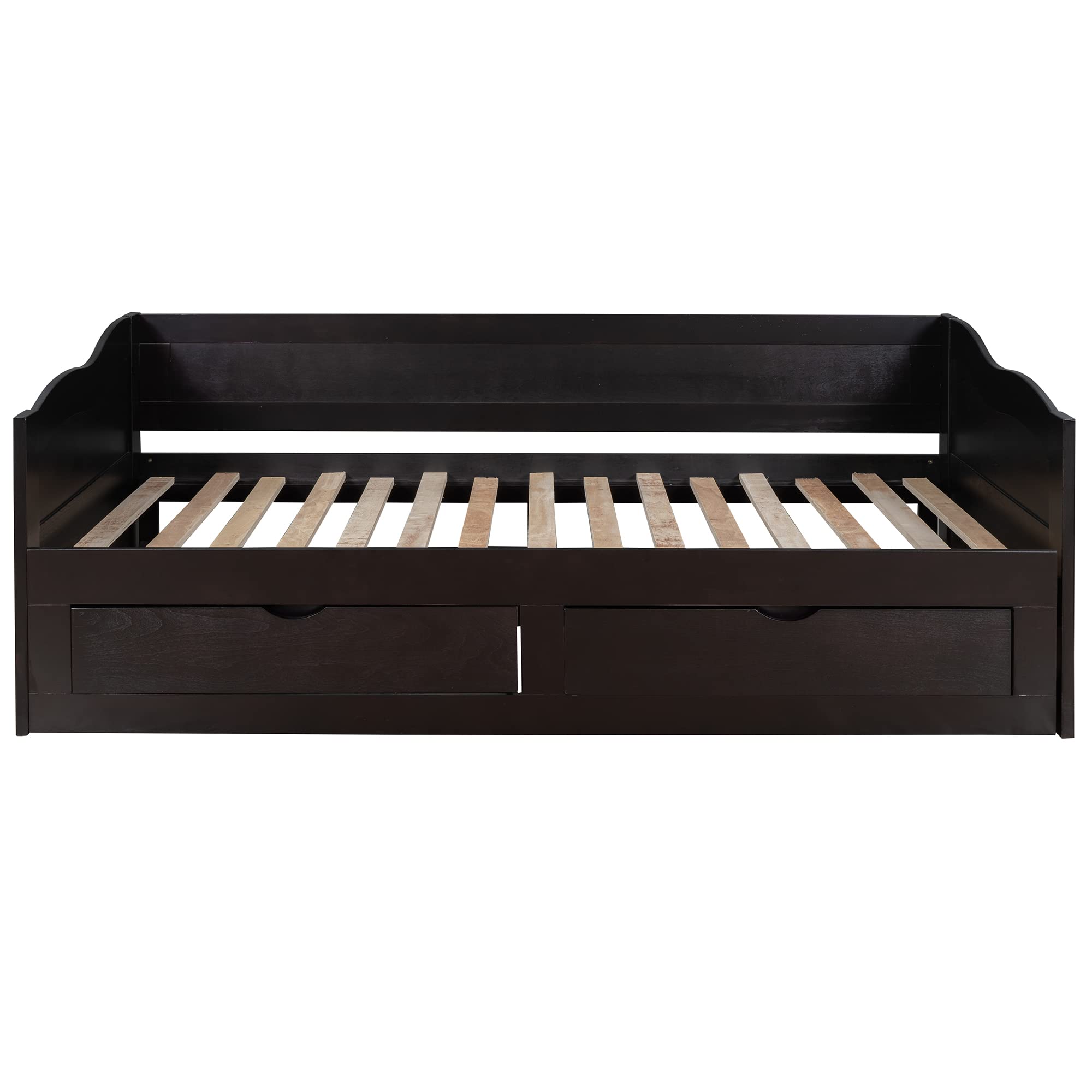 RUNWON Twin to King Size Wooden Daybed with Put-Out Trundle Bed and Storage Drawers,Versatile and Expandable Bed Frame for Kids Adults