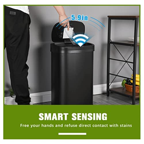 Lucky Shop 13 Gallon Kitchen Trash Can Automatic Garbage Can, Stainless Steel Waste Bin with Lid, Electronic Touch Free Motion Sensor High-Capacity Brushed Metal for Indoor, Black GL-TC-1350R-Black