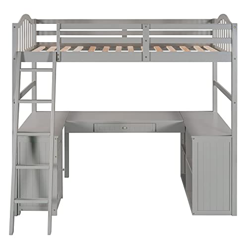 MegaChunk Twin Size Loft Bed with Drawers, Cabinet, Shelves and Desk, Wooden Loft Bed with Desk - Gray