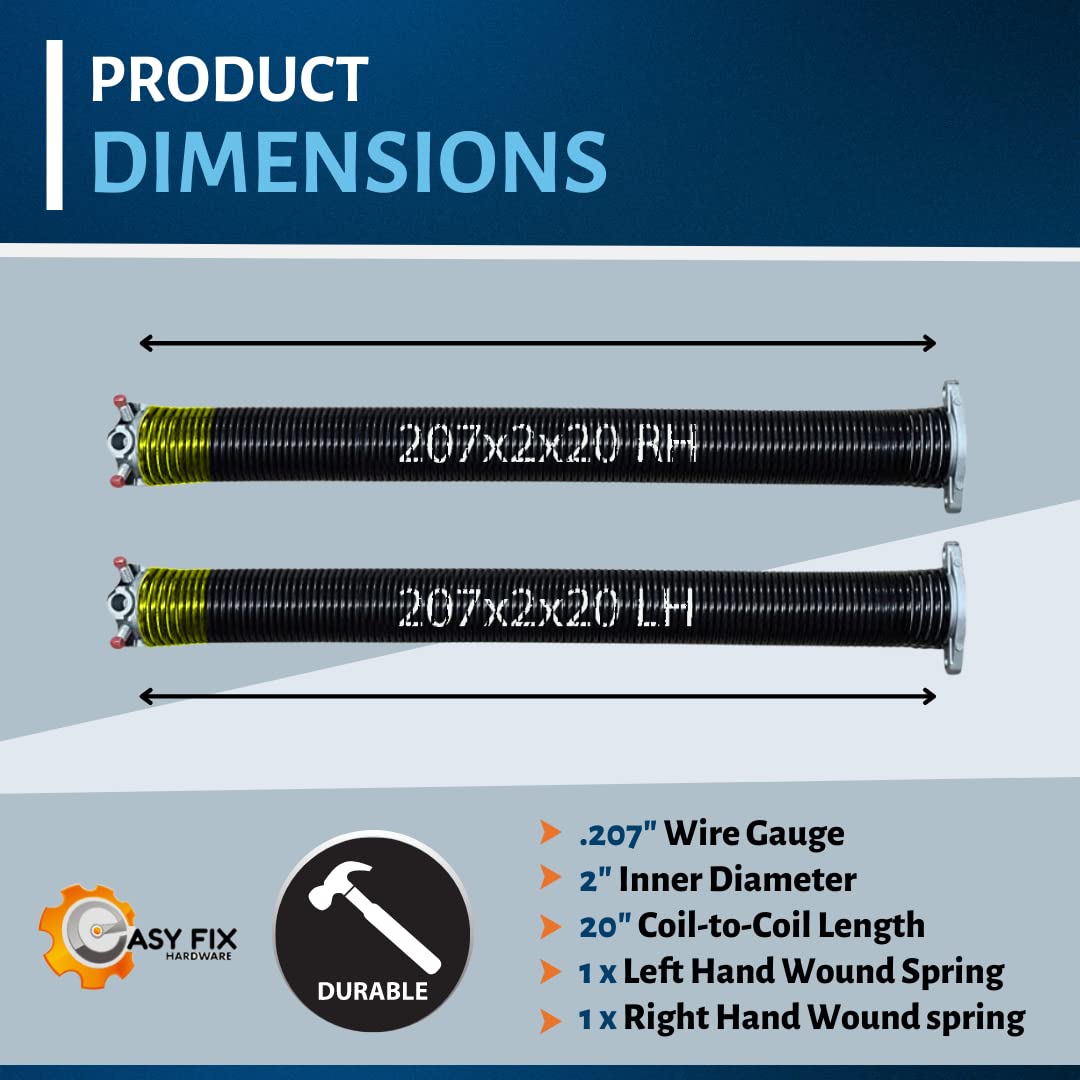 Garage Door Torsion Spring 207x2x20 | Torsion Spring Replacement for Garage Repair | Minimum 16,000 Cycles | Left and Right Hand Wound Replacement with Steel Bearing (Pair) Fix Garage Door 7 + 8 Feet