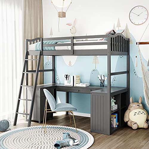 MegaChunk Twin Size Loft Bed with Drawers, Cabinet, Shelves and Desk, Wooden Loft Bed with Desk - Gray
