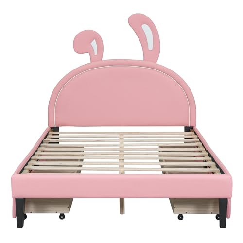 HBRR Full Upholstered Platform 4 Drawers and Bunny Ears Headboard, Wooden Bed Frame Size with Storage for Kids Teens Boys & Girls, No Box Spring Needed, Pink