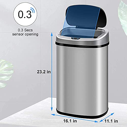 Touch Free Kitchen Trash Can 13 Gallon Stainless Steel Easy to Clean Automatic Brushed Trash Bin with Lid for Bathroom, Powder Room, Office