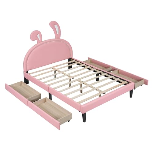 HBRR Full Upholstered Platform 4 Drawers and Bunny Ears Headboard, Wooden Bed Frame Size with Storage for Kids Teens Boys & Girls, No Box Spring Needed, Pink