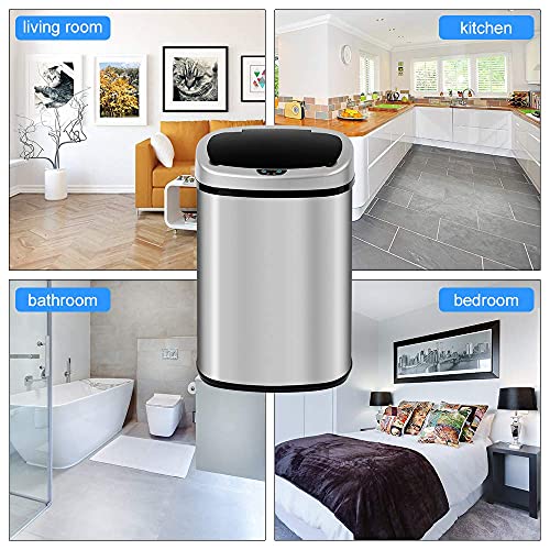Touch Free Kitchen Trash Can 13 Gallon Stainless Steel Easy to Clean Automatic Brushed Trash Bin with Lid for Bathroom, Powder Room, Office
