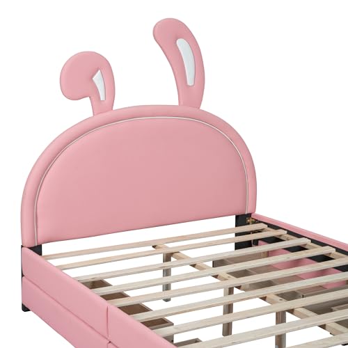 HBRR Full Upholstered Platform 4 Drawers and Bunny Ears Headboard, Wooden Bed Frame Size with Storage for Kids Teens Boys & Girls, No Box Spring Needed, Pink