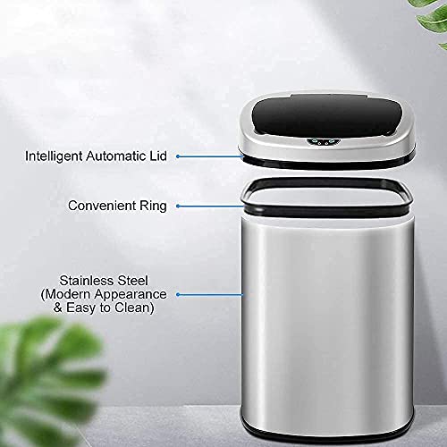 Touch Free Kitchen Trash Can 13 Gallon Stainless Steel Easy to Clean Automatic Brushed Trash Bin with Lid for Bathroom, Powder Room, Office