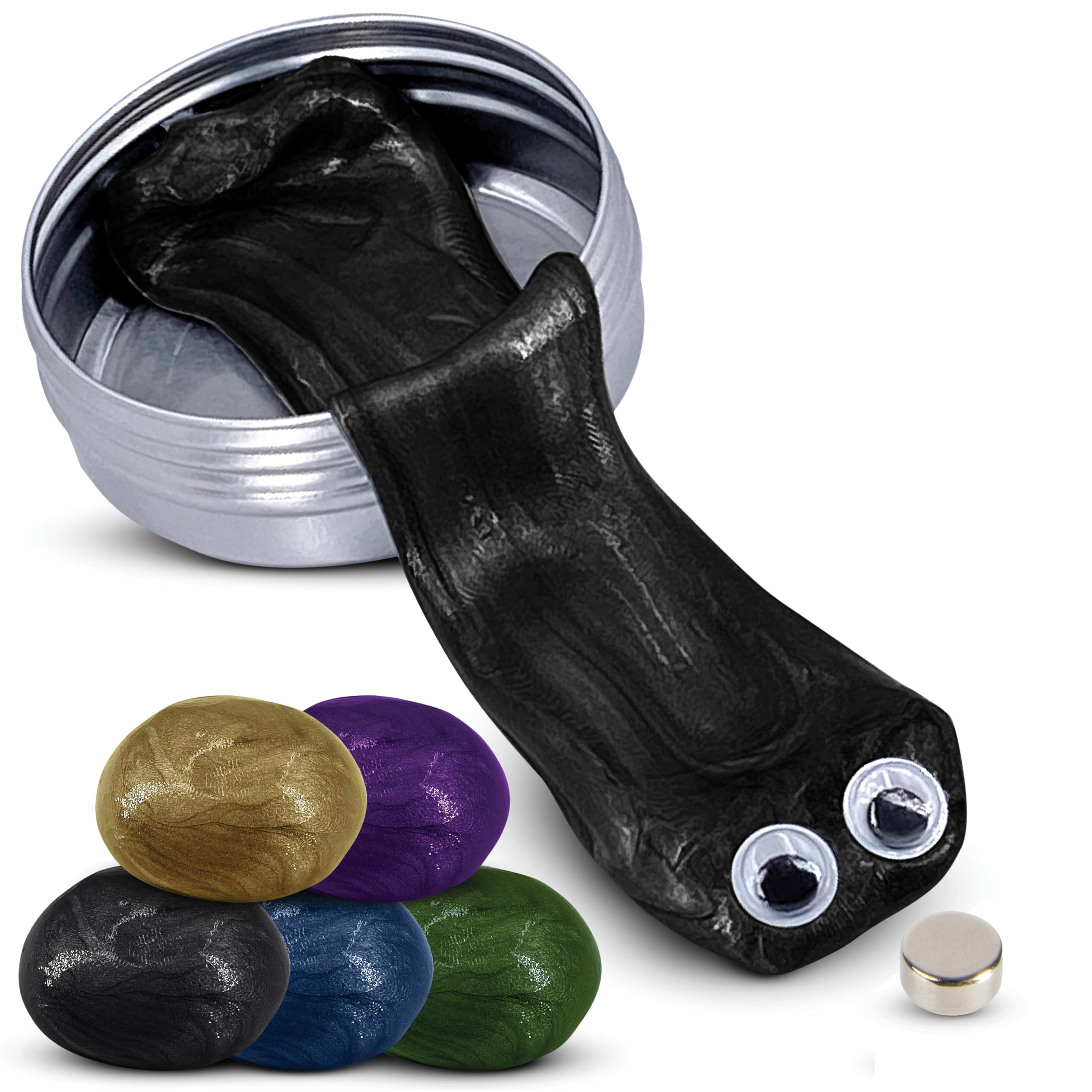 Zackman Scientific Magnetic Putty with Magnet and 2.75" Tin Can Play Kit - Non-Toxic Oiled Silicone, Assorted Colors, 5 Pack