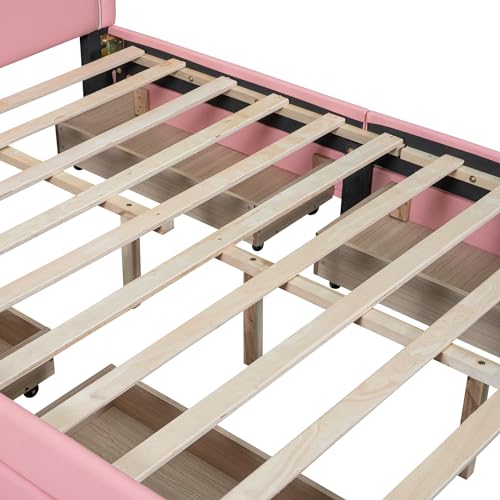 HBRR Full Upholstered Platform 4 Drawers and Bunny Ears Headboard, Wooden Bed Frame Size with Storage for Kids Teens Boys & Girls, No Box Spring Needed, Pink