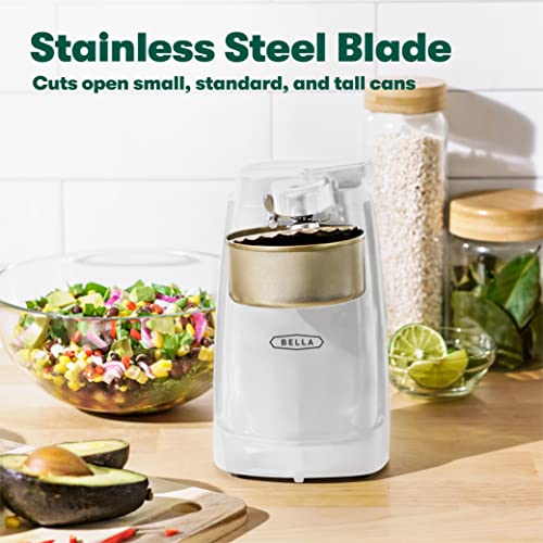 BELLA Electric Can Opener and Knife Sharpener, Multifunctional Jar and Bottle Opener with Removable Cutting Lever and Cord Storage, Stainless Steel Blade, White