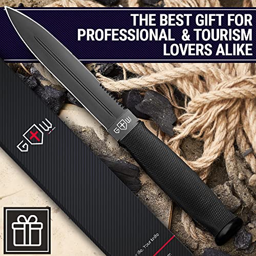 Knife for Men with Sheath - Black Tactical Knives - Cool Hunting Knofe Fixed Blade Knife with Serrated Blade - Best EDC Survival Camping Hiking Military Tool Sharp Belt Boot Knives Gift for Men 2503