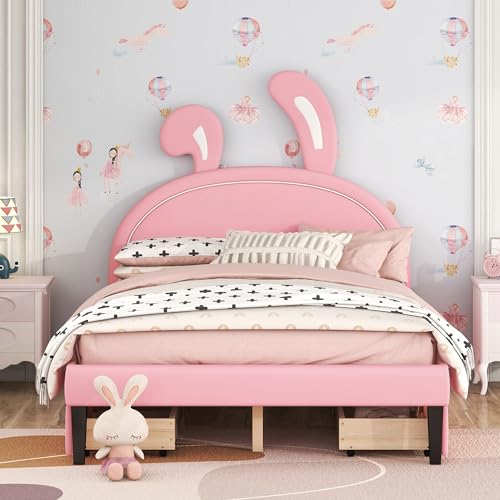 HBRR Wooden Bed Frame Full Size with 4 Storage Drawers and Bunny Ears Headboard, Upholstered Platform Bed with Storage for Kids Teens Boys & Girls, No Box Spring Needed, Pink