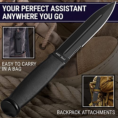 Knife for Men with Sheath - Black Tactical Knives - Cool Hunting Knofe Fixed Blade Knife with Serrated Blade - Best EDC Survival Camping Hiking Military Tool Sharp Belt Boot Knives Gift for Men 2503