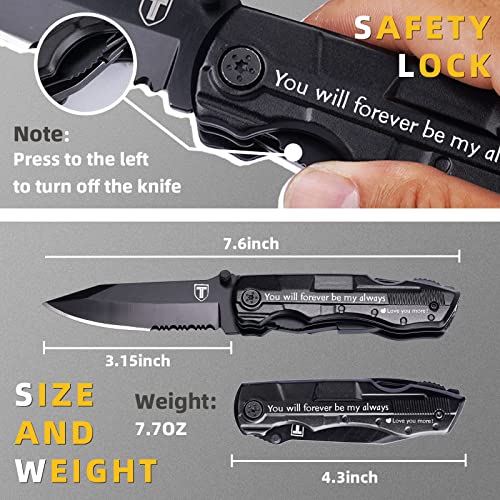 TRSCIND Pocket Knife Engraved Multitool, Love You More, Personalized Gifts for Mens, Unique Anniversary Birthday Gifts for Him husband Boyfriend, Perfect Gifts for Camping Hunting Fishing