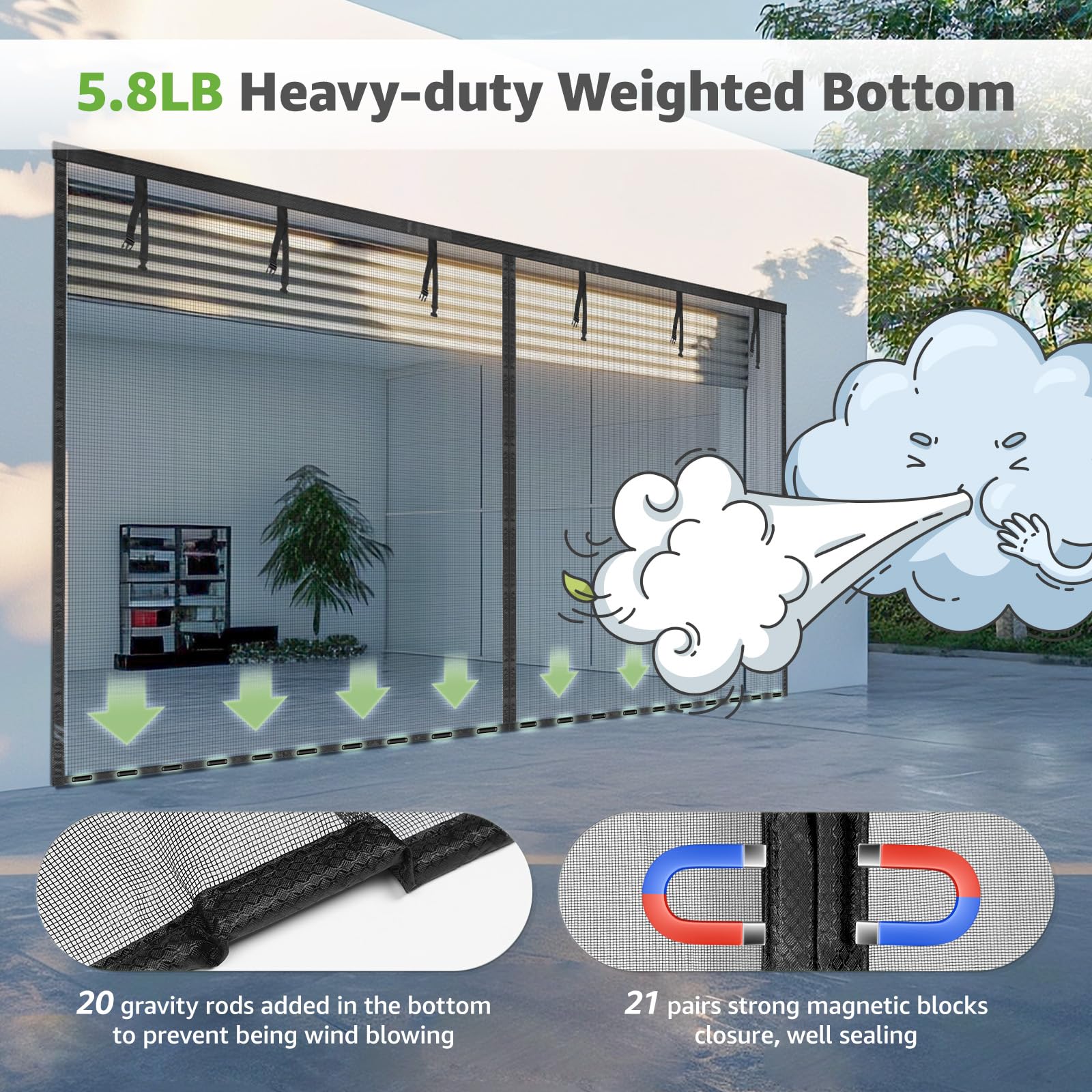 Garage Door Screen, 16x7 Ft Magnetic Closure Heavy Duty Weighted Bottom Garage Screen Doors for 2 Car Garage, Fiberglass Mesh Anti Annoying Animal Out