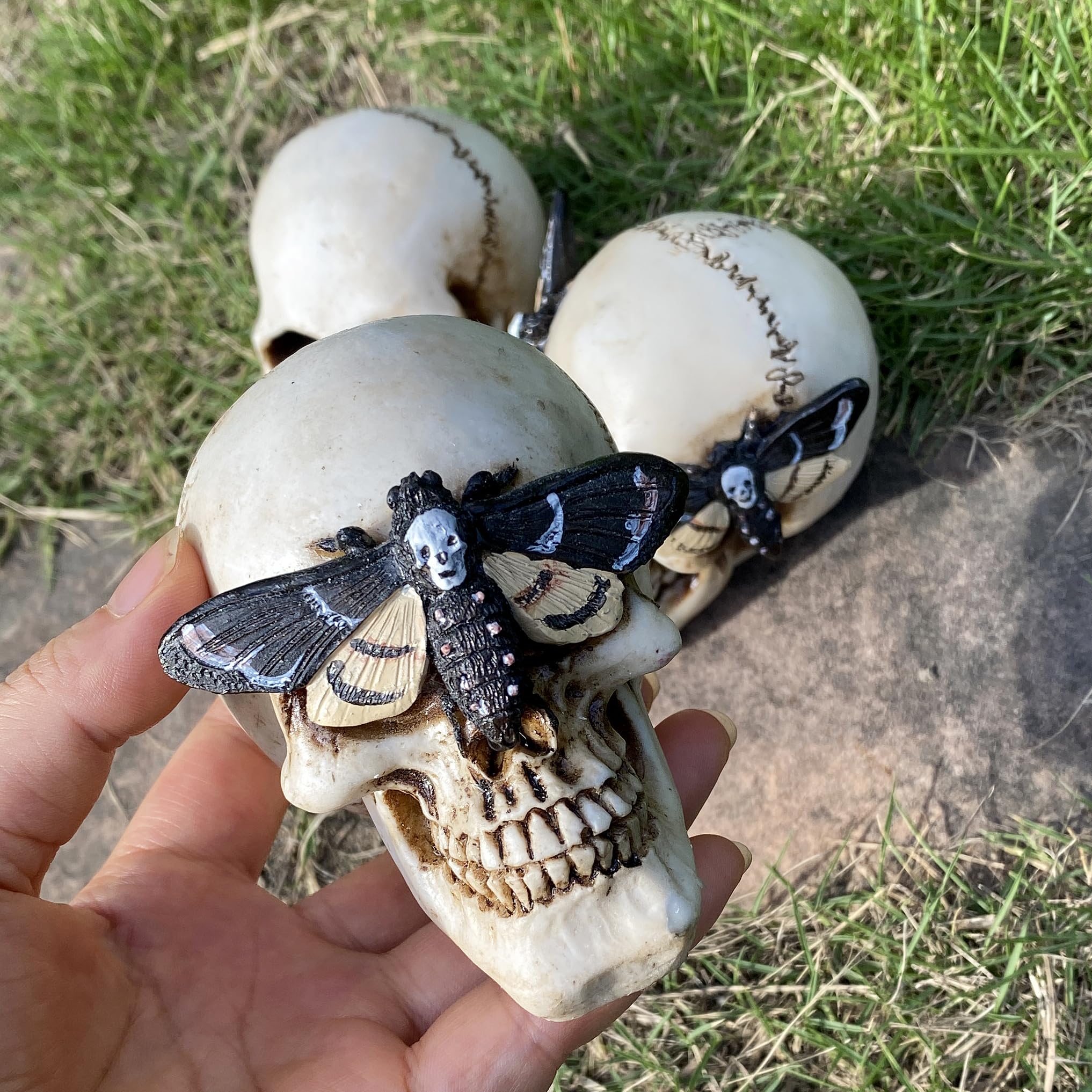 Basuo-9Q Pack of 3 Hear Speak See No Evil Resin Figurines Halloween Decoration Wise Skeletons Statues Black Reapers (Moth-Skulls)