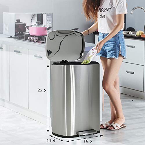 Stainless Steel Kitchen Trash Can with Soft Slow Lid Pedal Step 13 Gallon / 50 Liter Garbage Can Removable Plastic Inner Bucket Trash Bin for Bathroom Kitchen and Office Large Trash Bin,Silver