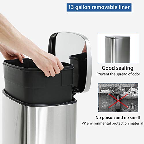 Stainless Steel Kitchen Trash Can with Soft Slow Lid Pedal Step 13 Gallon / 50 Liter Garbage Can Removable Plastic Inner Bucket Trash Bin for Bathroom Kitchen and Office Large Trash Bin,Silver